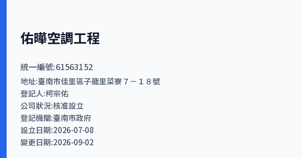 佑曄空調工程的照片-統編 61563152(臺南市) 公司登記資料與營業項目詳細圖表