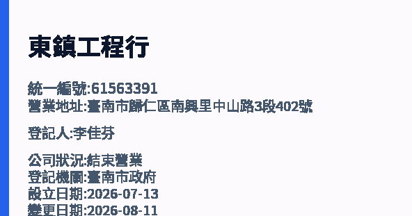 東鎮工程行的照片-統編 61563391(臺南市) 公司登記資料與營業項目詳細圖表