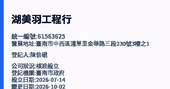 湖美羽工程行的照片-統編 61563625(臺南市) 公司登記資料與營業項目詳細圖表