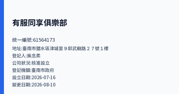 有服同享俱樂部的照片-統編 61564173(臺南市) 公司登記資料與營業項目詳細圖表