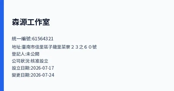 森源工作室的照片-統編 61564321(臺南市) 公司登記資料與營業項目詳細圖表
