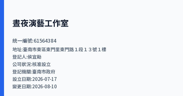 晝夜演藝工作室的照片-統編 61564384(臺南市) 公司登記資料與營業項目詳細圖表