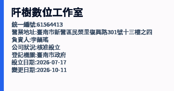 阡樹數位工作室的照片-統編 61564413(臺南市) 公司登記資料與營業項目詳細圖表