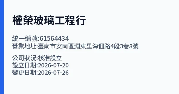 權榮玻璃工程行的照片-統編 61564434(臺南市) 公司登記資料與營業項目詳細圖表