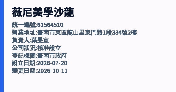 薇尼美學沙龍的照片-統編 61564510(臺南市) 公司登記資料與營業項目詳細圖表