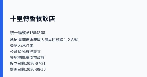 十里傳香餐飲店的照片-統編 61564808(臺南市) 公司登記資料與營業項目詳細圖表