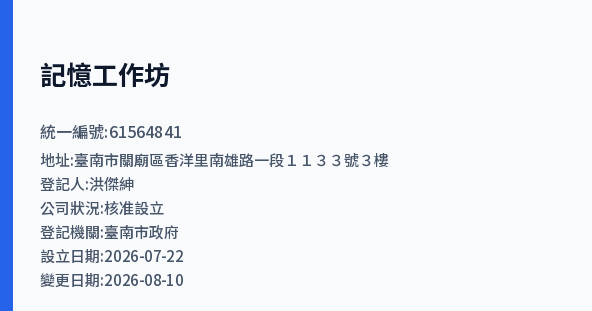 記憶工作坊的照片-統編 61564841(臺南市) 公司登記資料與營業項目詳細圖表