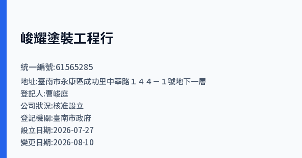 峻耀塗裝工程行的照片-統編 61565285(臺南市) 公司登記資料與營業項目詳細圖表