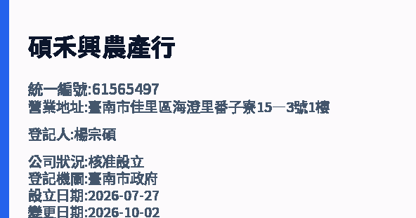碩禾興農產行的照片-統編 61565497(臺南市) 公司登記資料與營業項目詳細圖表