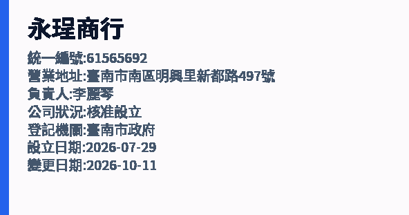 永珵商行的照片-統編 61565692(臺南市) 公司登記資料與營業項目詳細圖表