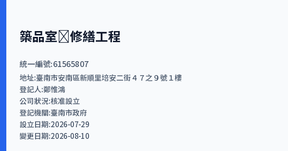 築品室内修繕工程的照片-統編 61565807(臺南市) 公司登記資料與營業項目詳細圖表