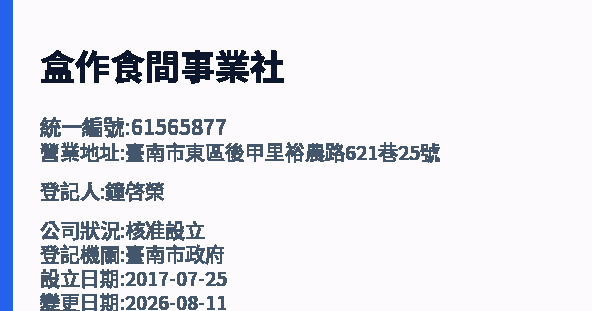 盒作食間事業社的照片-統編 61565877(臺南市) 公司登記資料與營業項目詳細圖表