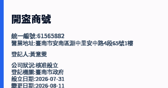 開寍商號的照片-統編 61565882(臺南市) 公司登記資料與營業項目詳細圖表