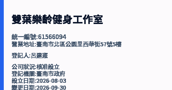 雙葉樂齡健身工作室的照片-統編 61566094(臺南市) 公司登記資料與營業項目詳細圖表