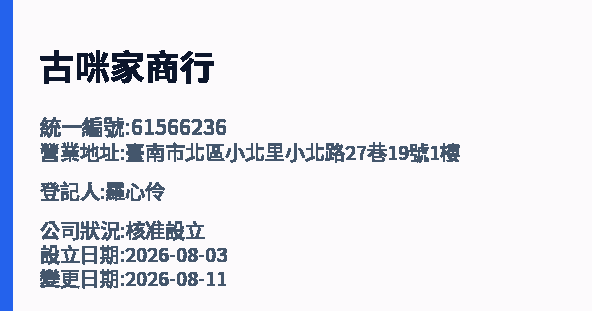 古咪家商行的照片-統編 61566236(臺南市) 公司登記資料與營業項目詳細圖表