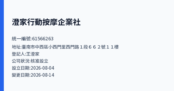 澄家行動按摩企業社的照片-統編 61566263(臺南市) 公司登記資料與營業項目詳細圖表