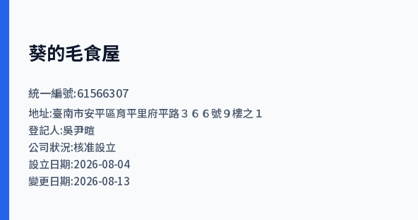 葵的毛食屋的照片-統編 61566307(臺南市) 公司登記資料與營業項目詳細圖表