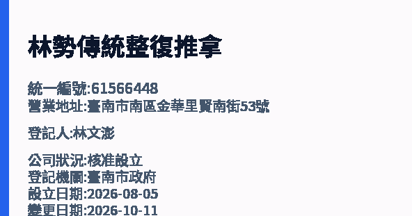 林勢傳統整復推拿的照片-統編 61566448(臺南市) 公司登記資料與營業項目詳細圖表