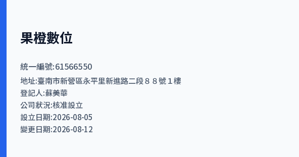 果橙數位的照片-統編 61566550(臺南市) 公司登記資料與營業項目詳細圖表