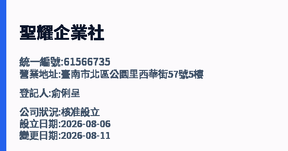 聖耀企業社的照片-統編 61566735(臺南市) 公司登記資料與營業項目詳細圖表