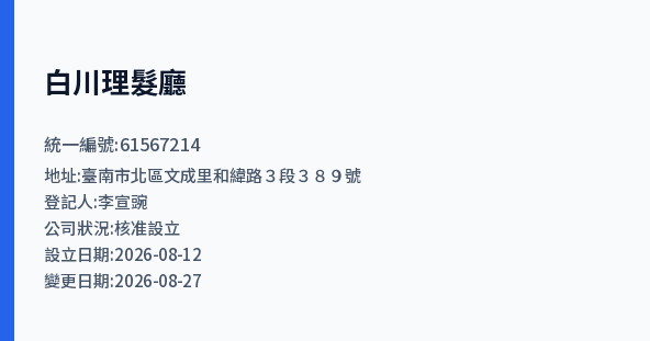 白川理髮廳的照片-統編 61567214(臺南市) 公司登記資料與營業項目詳細圖表