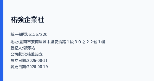 祐強企業社的照片-統編 61567220(臺南市) 公司登記資料與營業項目詳細圖表