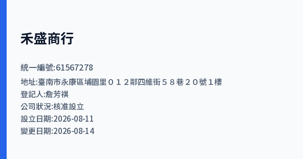 禾盛商行的照片-統編 61567278(臺南市) 公司登記資料與營業項目詳細圖表