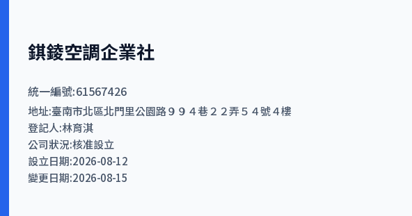 錤錂空調企業社的照片-統編 61567426(臺南市) 公司登記資料與營業項目詳細圖表