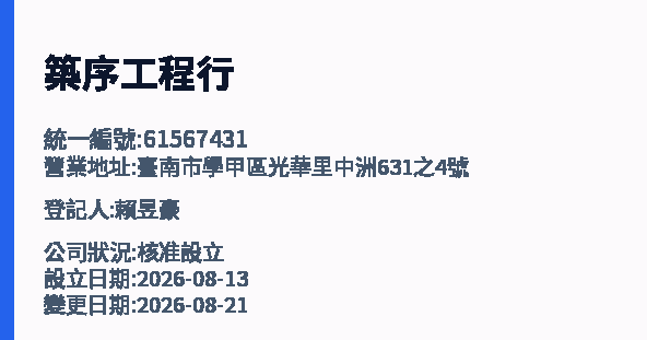 築序工程行的照片-統編 61567431(臺南市) 公司登記資料與營業項目詳細圖表