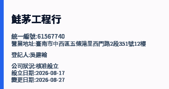 鮭茅工程行的照片-統編 61567740(臺南市) 公司登記資料與營業項目詳細圖表