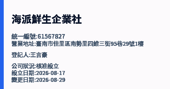 海派鮮生企業社的照片-統編 61567827(臺南市) 公司登記資料與營業項目詳細圖表
