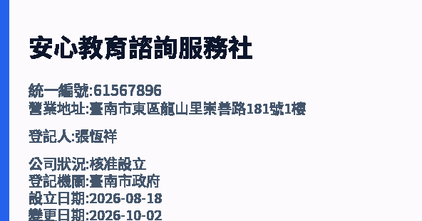 安心教育諮詢服務社的照片-統編 61567896(臺南市) 公司登記資料與營業項目詳細圖表