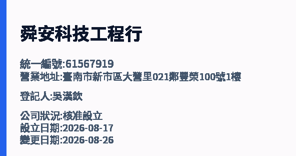 舜安科技工程行的照片-統編 61567919(臺南市) 公司登記資料與營業項目詳細圖表