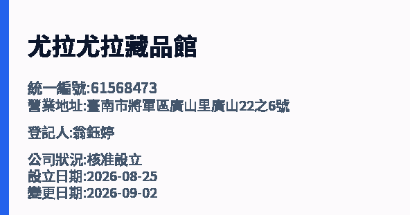 尤拉尤拉藏品館的照片-統編 61568473(臺南市) 公司登記資料與營業項目詳細圖表