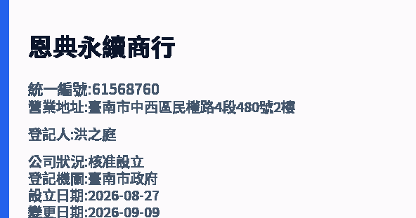 恩典永續商行的照片-統編 61568760(臺南市) 公司登記資料與營業項目詳細圖表