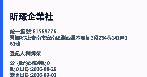 昕璟企業社的照片-統編 61568776(臺南市) 公司登記資料與營業項目詳細圖表