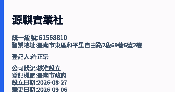 源騏實業社的照片-統編 61568810(臺南市) 公司登記資料與營業項目詳細圖表