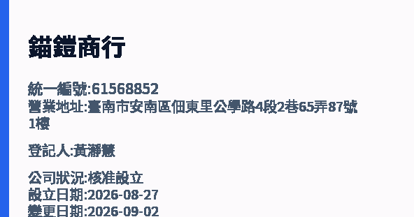 錨鎧商行的照片-統編 61568852(臺南市) 公司登記資料與營業項目詳細圖表