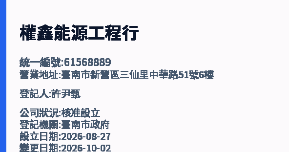 權鑫能源工程行的照片-統編 61568889(臺南市) 公司登記資料與營業項目詳細圖表