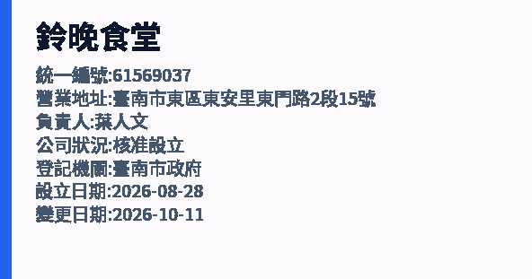 鈴晚食堂的照片-統編 61569037(臺南市) 公司登記資料與營業項目詳細圖表