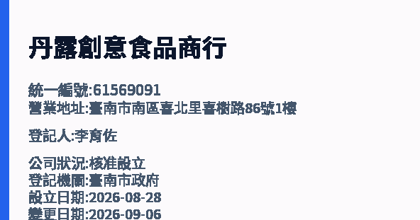 丹露創意食品商行的照片-統編 61569091(臺南市) 公司登記資料與營業項目詳細圖表