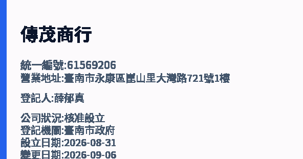 傳茂商行的照片-統編 61569206(臺南市) 公司登記資料與營業項目詳細圖表