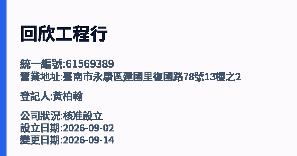 回欣工程行的照片-統編 61569389(臺南市) 公司登記資料與營業項目詳細圖表