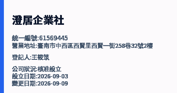 澄居企業社的照片-統編 61569445(臺南市) 公司登記資料與營業項目詳細圖表