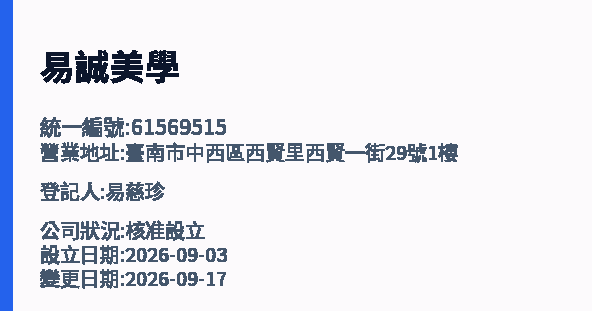 易誠美學的照片-統編 61569515(臺南市) 公司登記資料與營業項目詳細圖表