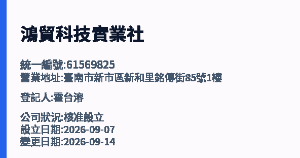 鴻貿科技實業社的照片-統編 61569825(臺南市) 公司登記資料與營業項目詳細圖表