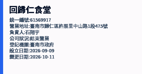 回歸仁食堂的照片-統編 61569917(臺南市) 公司登記資料與營業項目詳細圖表