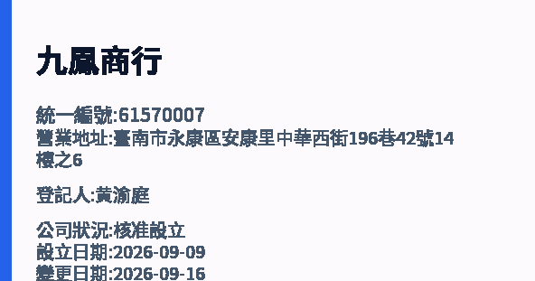 九鳳商行的照片-統編 61570007(臺南市) 公司登記資料與營業項目詳細圖表