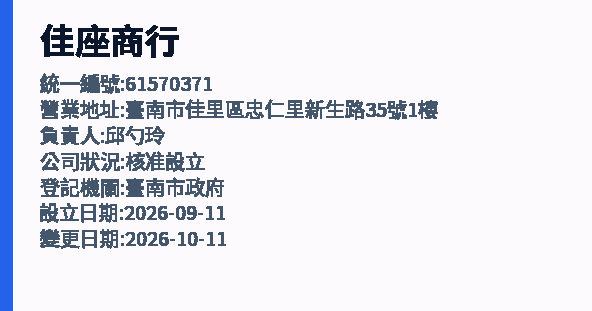 佳座商行的照片-統編 61570371(臺南市) 公司登記資料與營業項目詳細圖表
