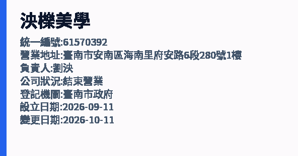 泱櫟美學的照片-統編 61570392(臺南市) 公司登記資料與營業項目詳細圖表